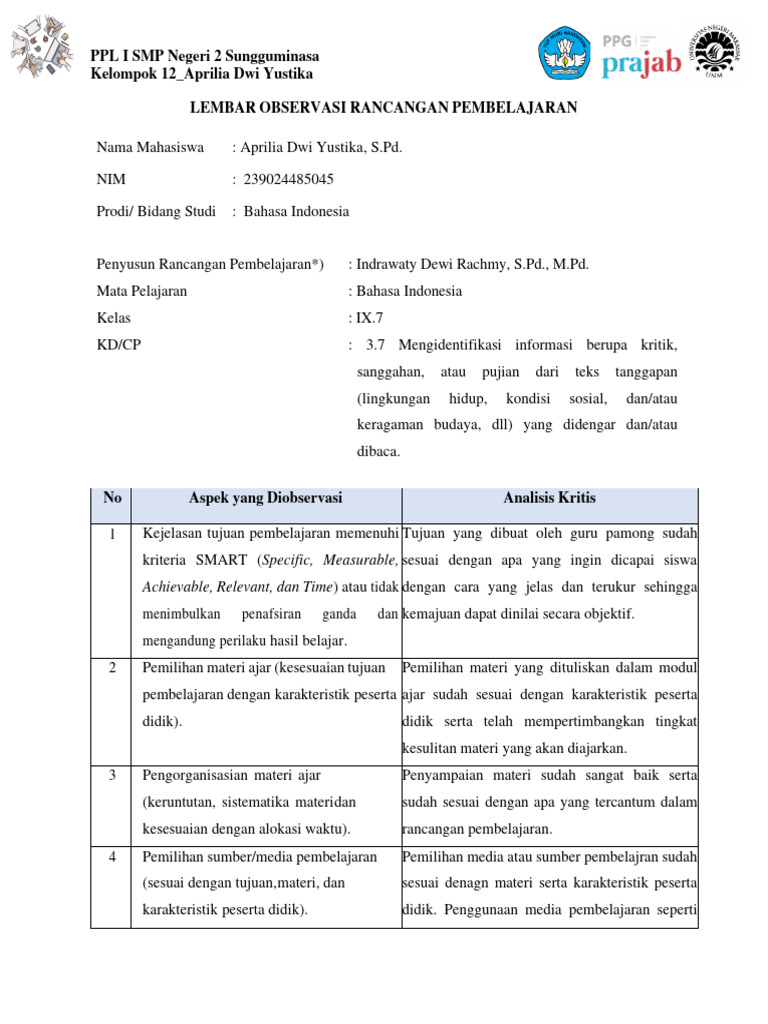 Siklus 1 - Lampiran - 4. LK 3 - Lembar Observasi Rancangan Pembelajaran | PDF | Sains & Matematika
