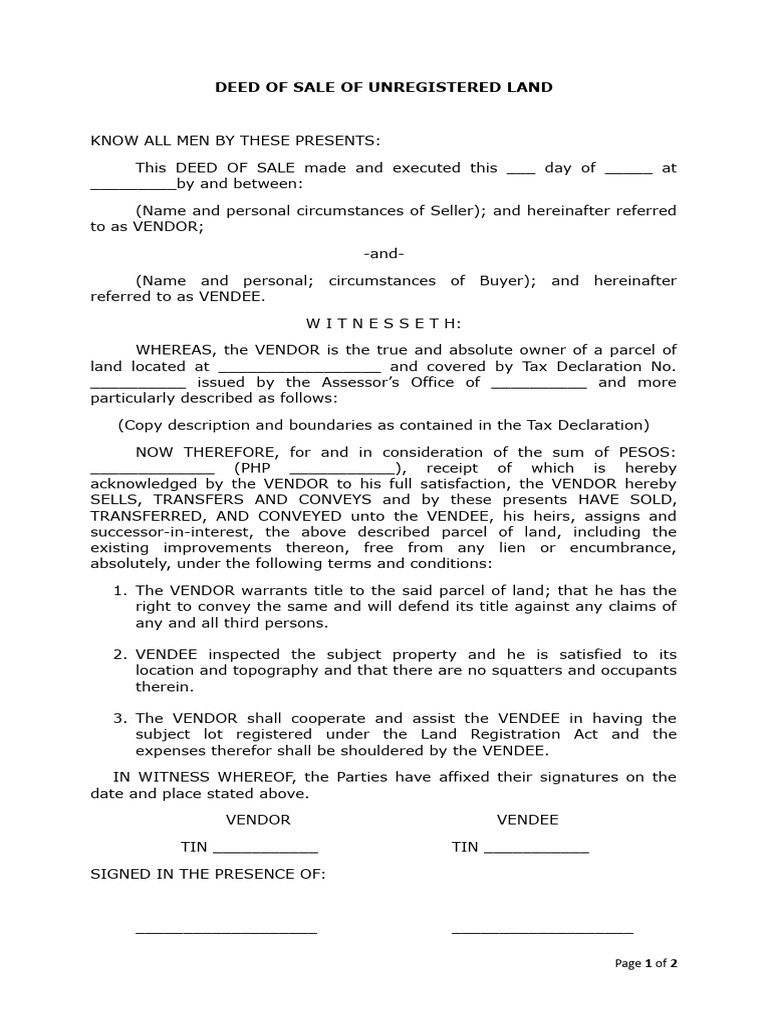 DEED OF ABSOLUTE SALE - UNREGISTERED LOT | PDF | Deed | Land Lot