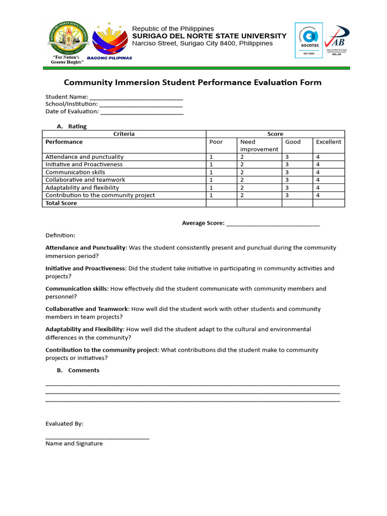 Community-Immersion-Student-Performance-Evaluation-Form | PDF | Social ...