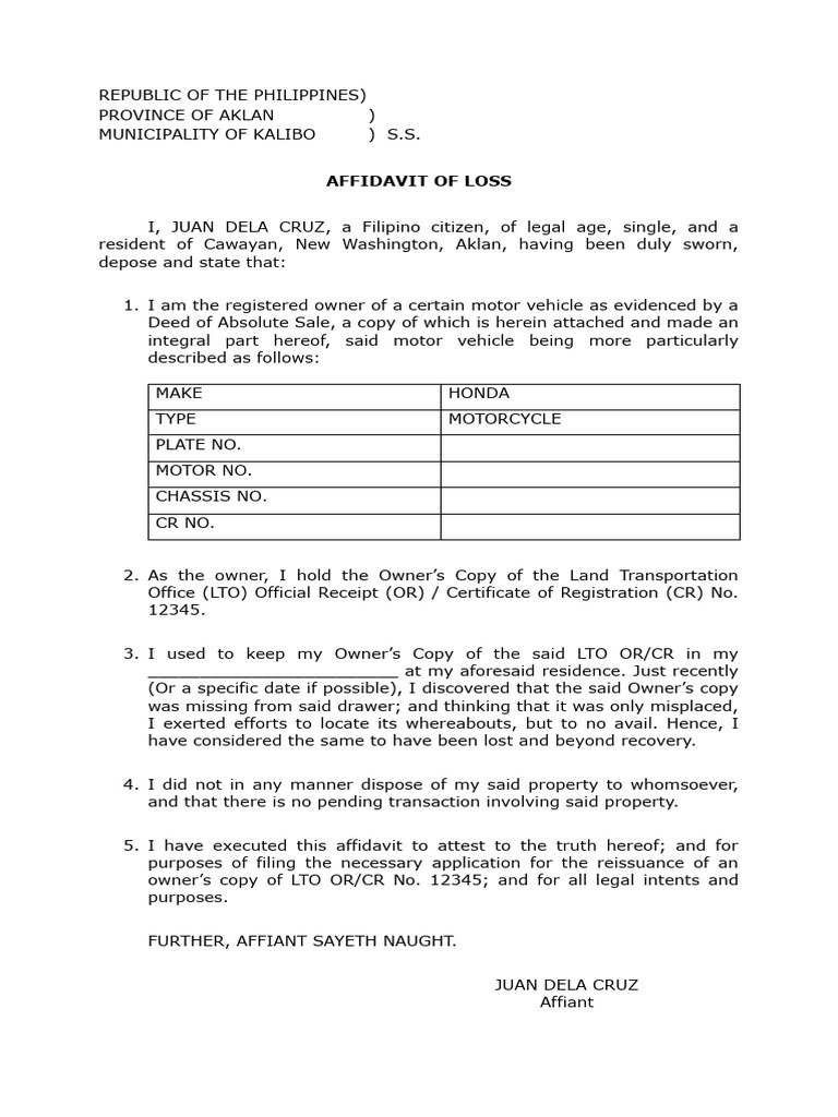 AFFIDAVIT OF LOSS - Motor Vehicle OR CR | PDF | Politics