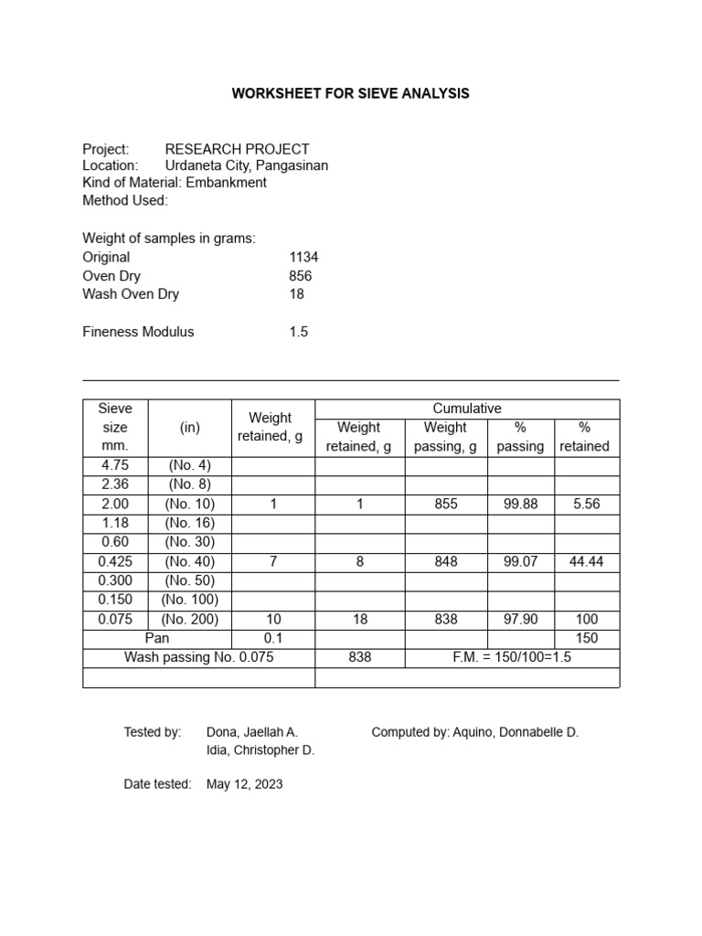 Sieve Analysis Worksheet: Embankment | PDF