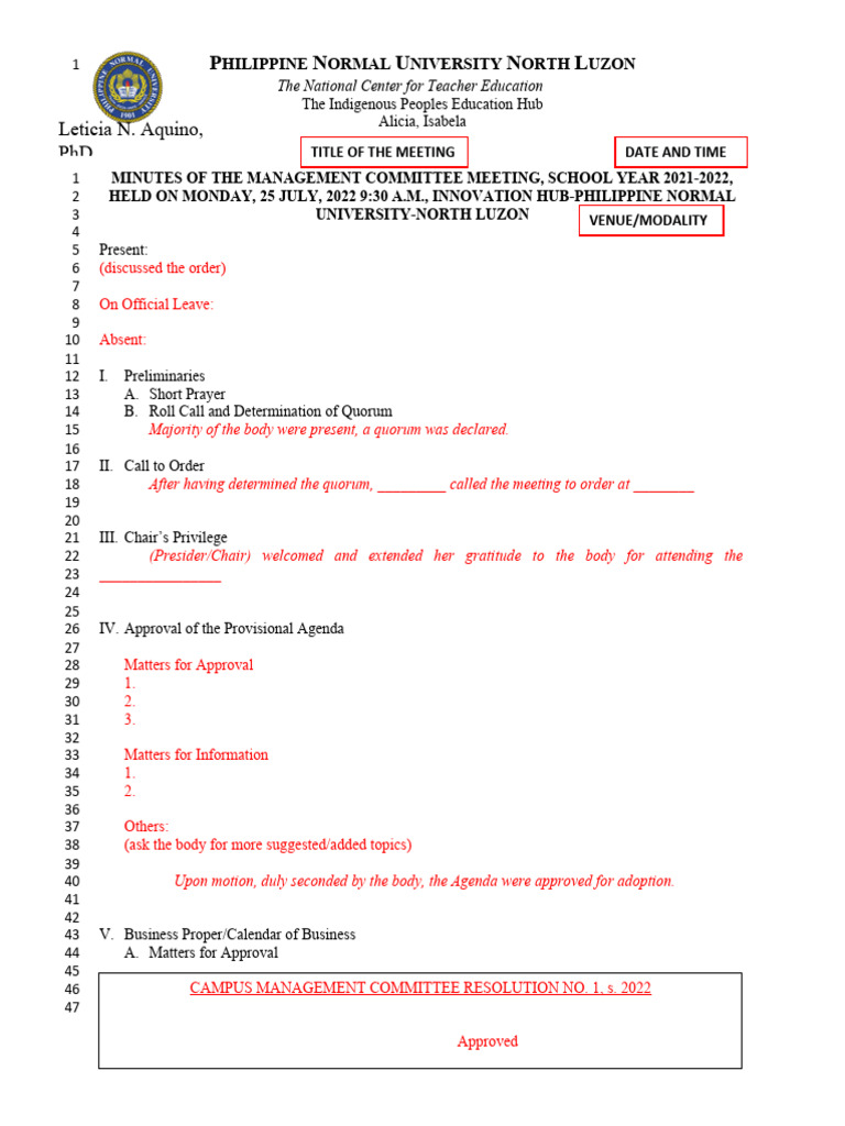 Sample Template Minutes | PDF | Government