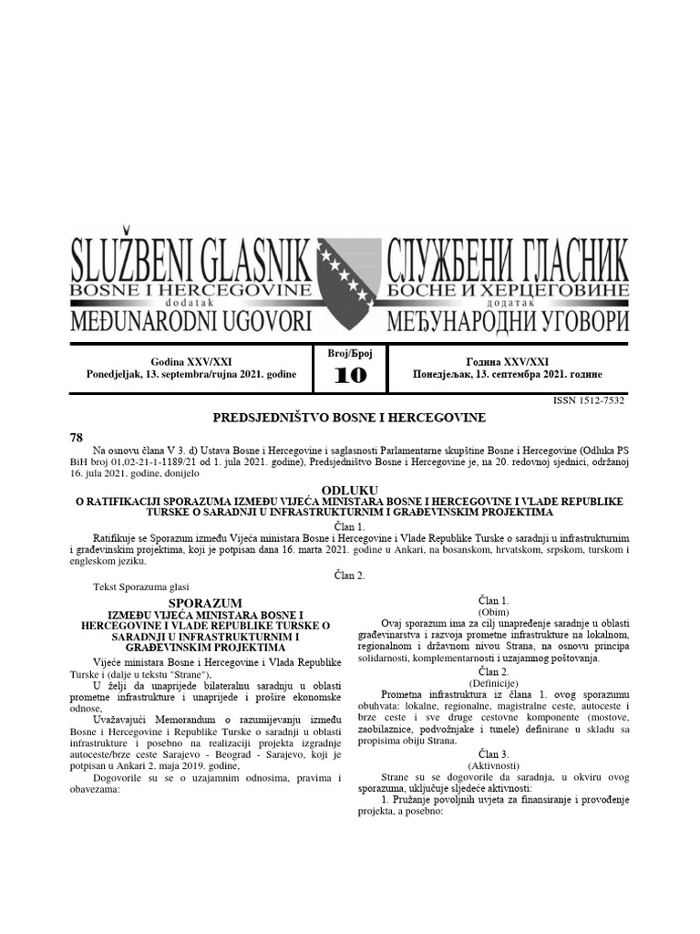 Službeni Glasnik BiH, Dodatak Međunarodni Ugovori (Godina 25, Broj 10 13.9.2021) | PDF
