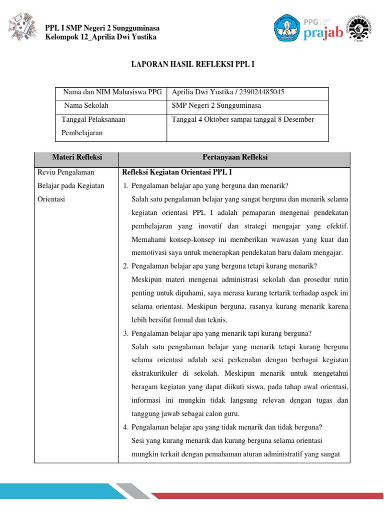Refleksi PPL I Aprilia Dwi Yustika | PDF | Karier & Perkembangan | Pengembangan Diri