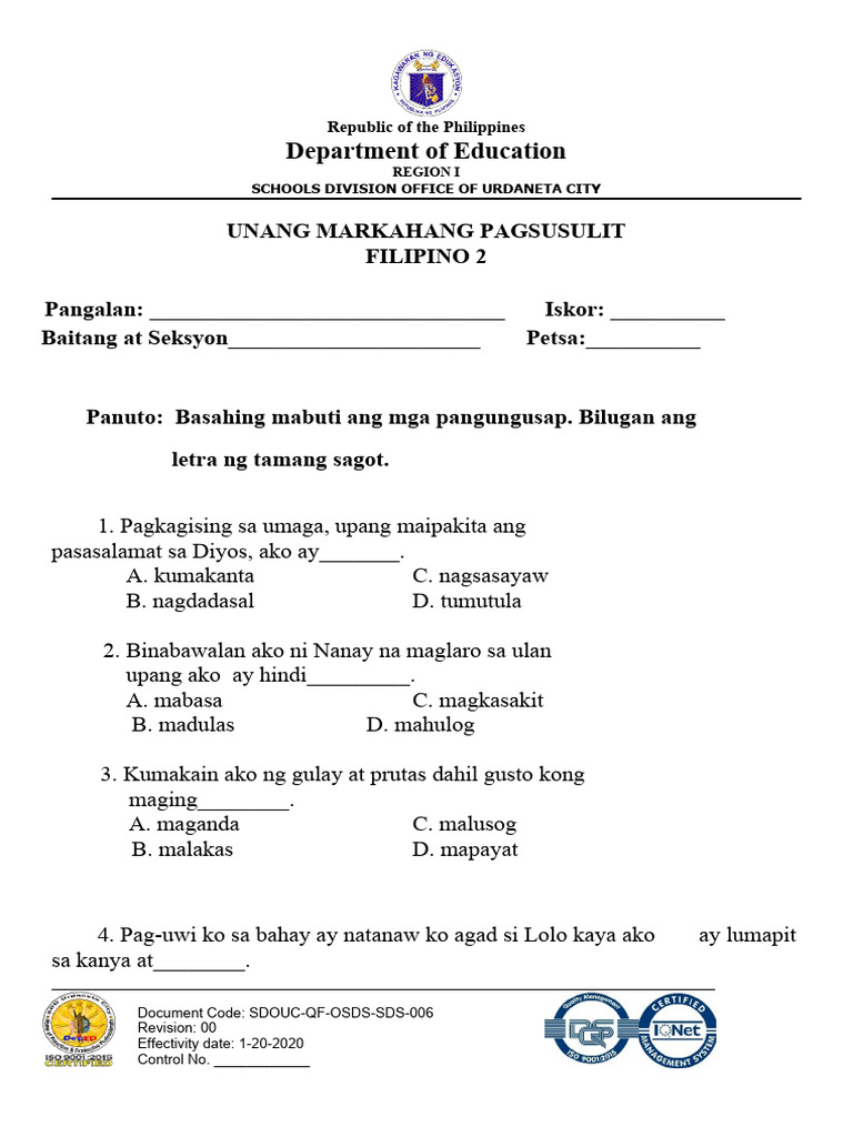 Grade 2 FILIPINO 1st Periodic Test MANAN ES Violet | PDF