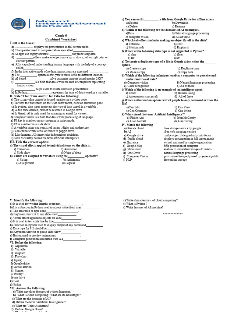 Grade6 Combined Worksheet English Mlzs | PDF | Artificial Intelligence | Intelligence (AI ...