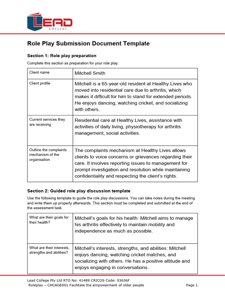 CHCAGE001 Role Play Submission Document Template | PDF | Risk