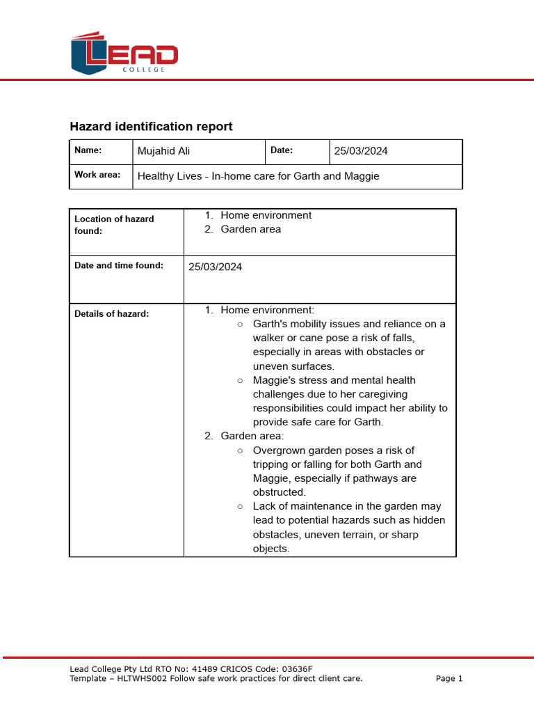 HLTWHS002 Hazard Identification Report Template | PDF | Caregiver | Risk