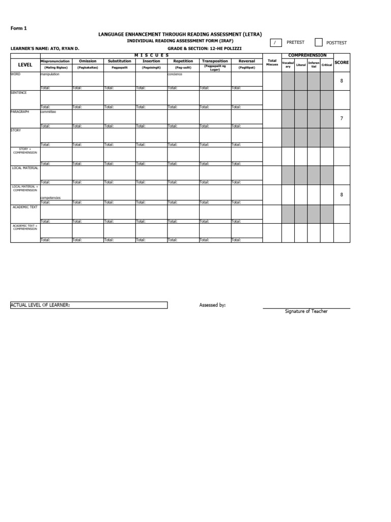 LETRA Reading Assessment Form 1 | PDF | Written Communication | Orthography