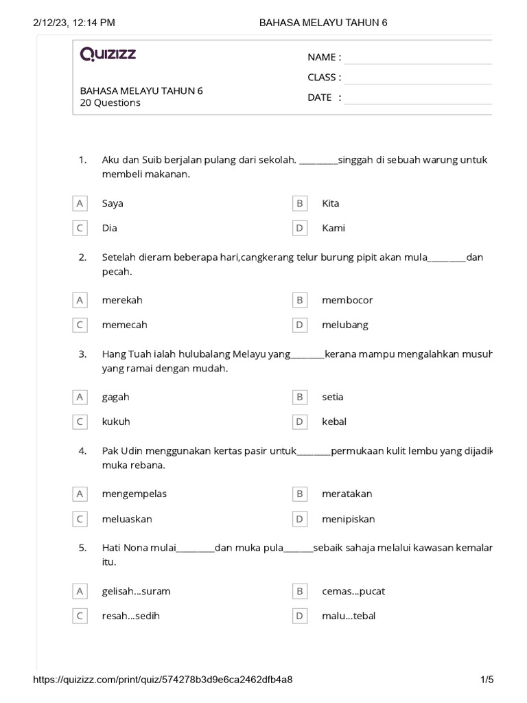 Kuiz Bahasa Melayu Tahun 6 | PDF