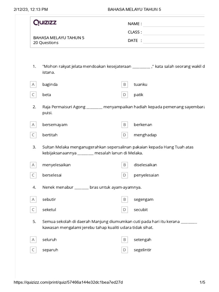 Kuiz Bahasa Melayu Tahun 5 | PDF