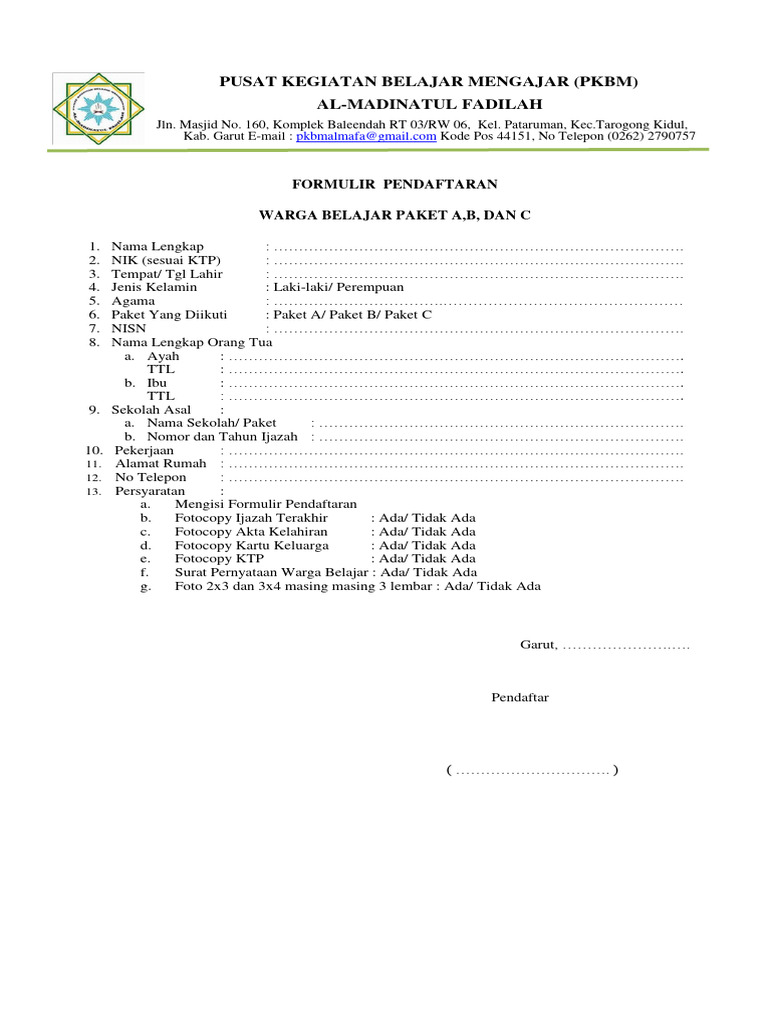 Formulir Pendaftaran PKBM Garut | PDF