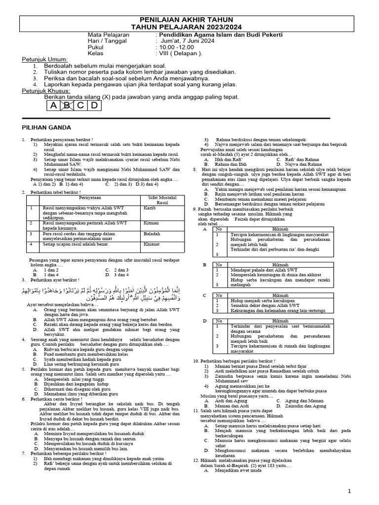 Soal PAI Kelas 8 Genap 2024 | PDF