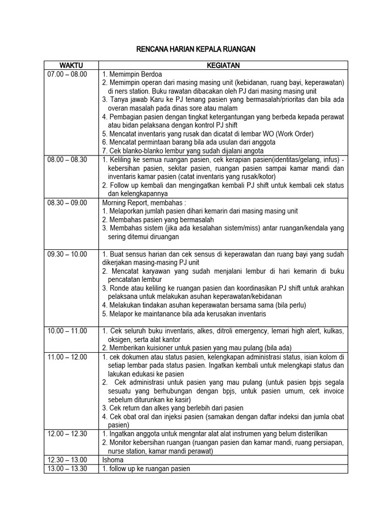 Rencana Harian Kepala Ruangan | PDF | Kesehatan Holistik