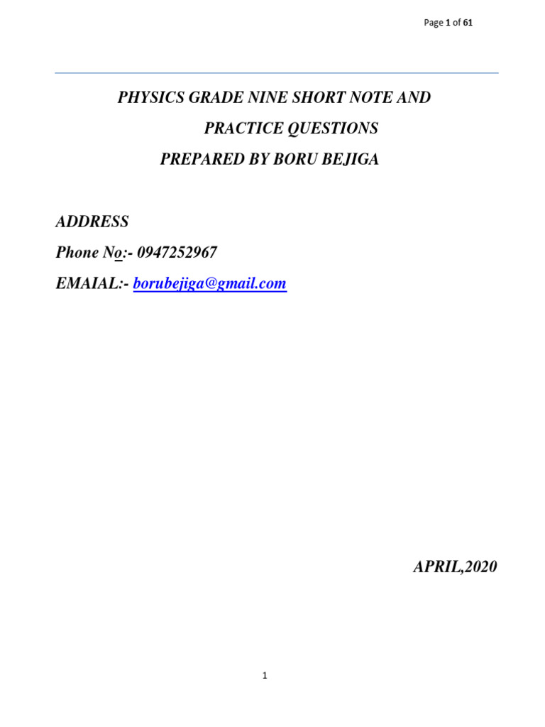 Physics - Grade 9 - Short Notes | PDF | Buoyancy | Pressure