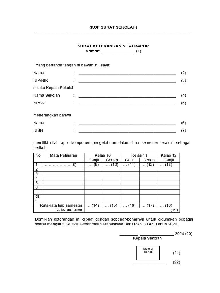 Formulir Keterangan Rekapitulasi Nilai Rapor SPMB Tahun 2024 | PDF