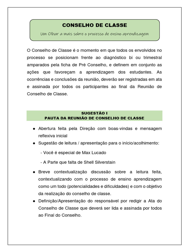 Sugestao de Pautas para Conselho de Classe | PDF | Aprendizado | Pedagogia