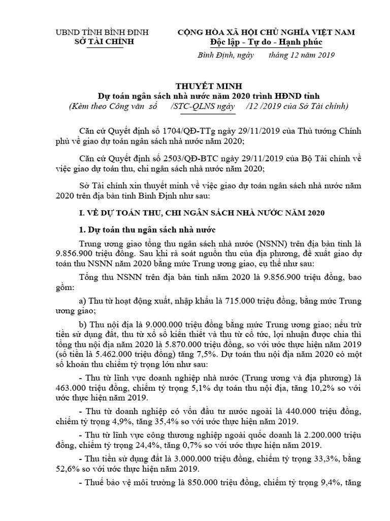 Thuyet Minh Du Toan 2020 | PDF