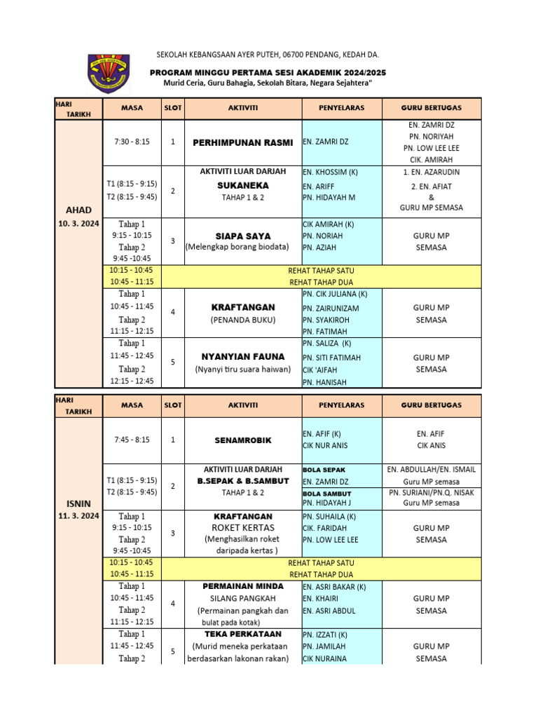 Jadual Aktiviti Minggu Pertama 2024 2 | PDF