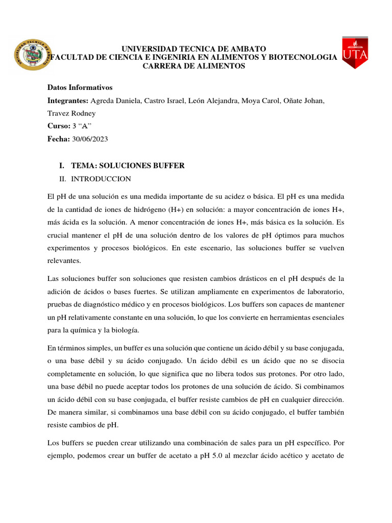 Informe Buffer | PDF | Solución tampón | Ph