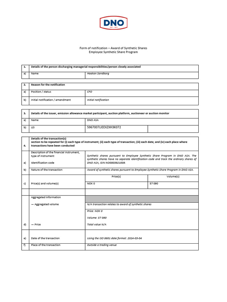 DNO ASA Synthetic Shares Award Notification | PDF | Computers ...