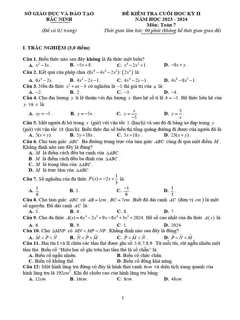 De Kiem Tra Cuoi Hoc Ky 2 Toan 7 Nam 2023 2024 So GDDT Bac Ninh | PDF