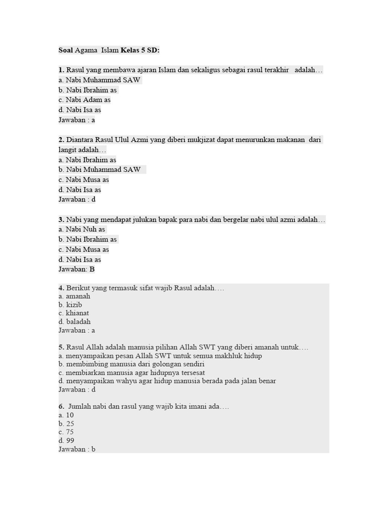 Soal AGAMA KELAS 5 | PDF