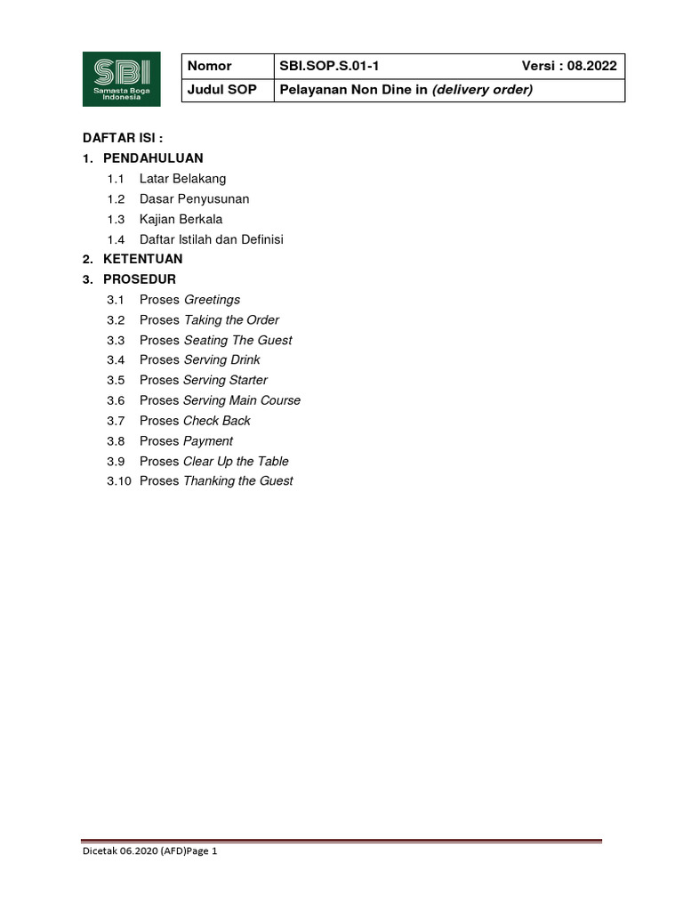 SOP Service - Pelayanan Non Dine in | PDF