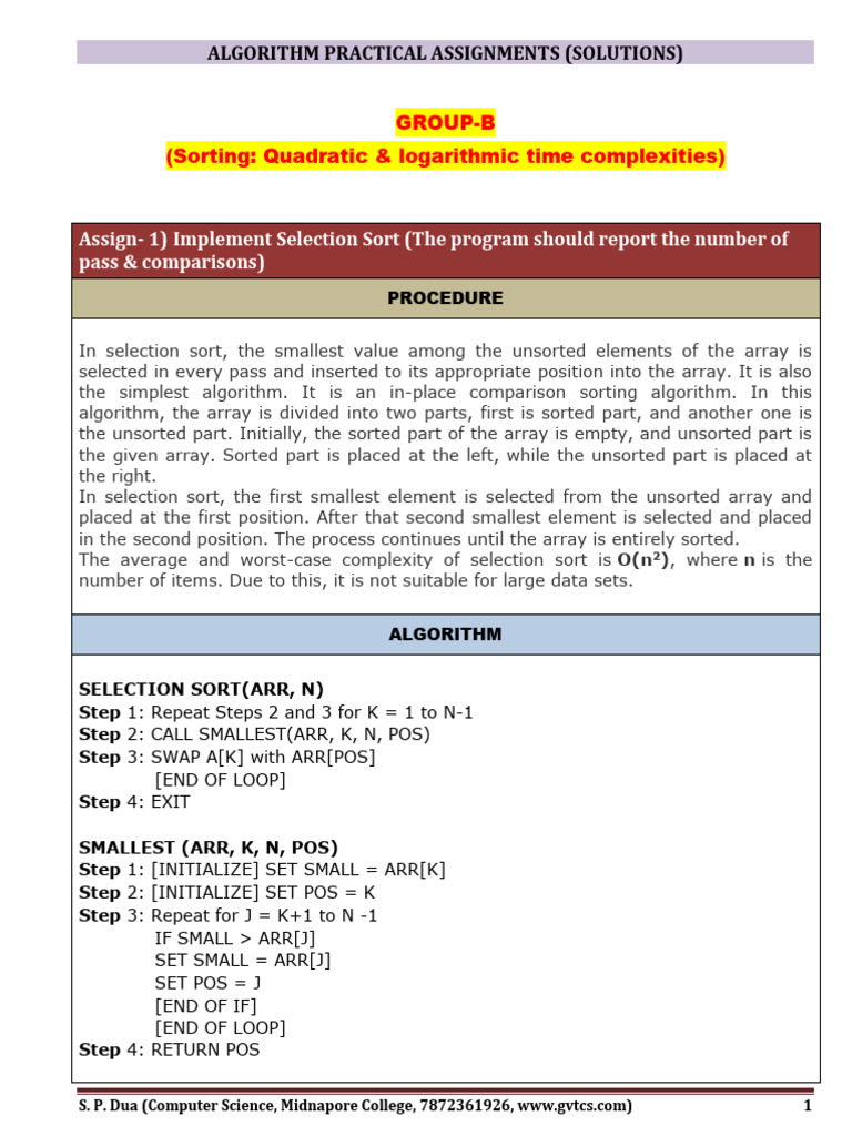 Algo Assignment 03 Selection Sort Pdf Theoretical Computer Science Computer Programming 6929
