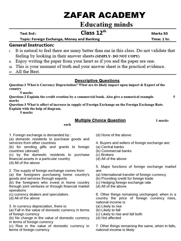 Class 12 Foreign Exchange Test Paper | PDF | Exchange Rate | Foreign ...