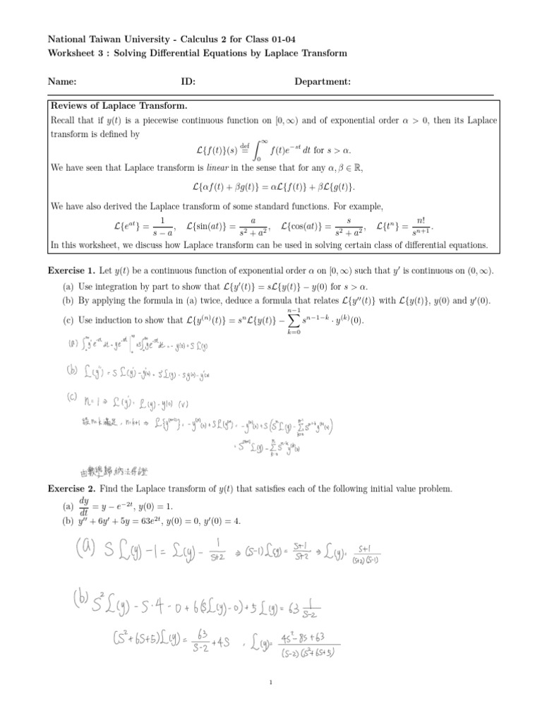 WS3A Applications of Laplace Transform | PDF | Laplace Transform | Applied Mathematics