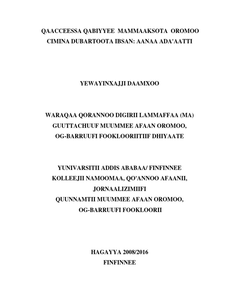 Dokumen - Tips Qaacceessa Qabiyyee Mammaaksota Oromoo Cimina | PDF