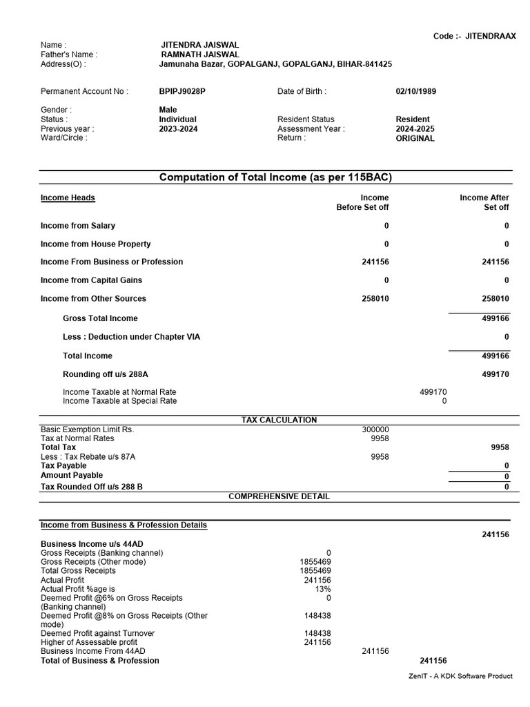 Computation of Total Income (As Per 115bac) : Zenit - A KDK Software ...