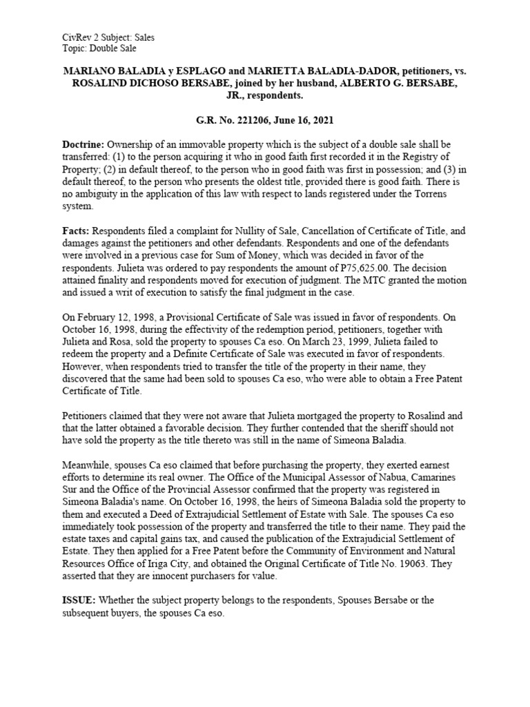 Baladia y Esplago v. Spouses Bersabe | PDF | Property | Title (Property)