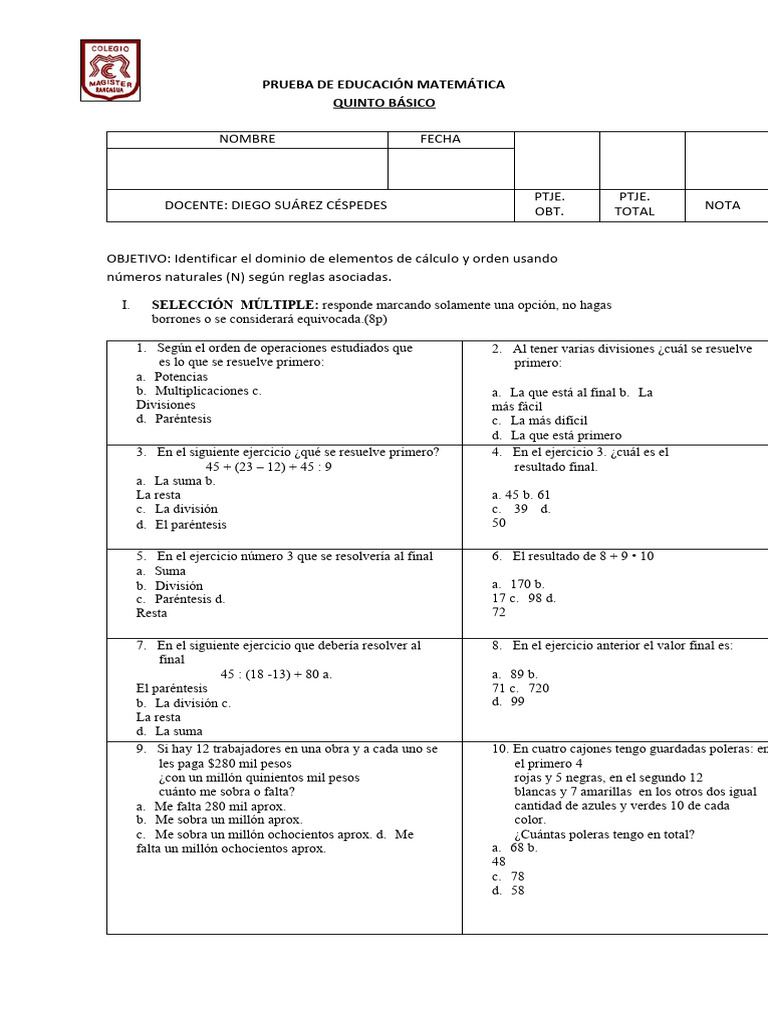PRUEBAS FORMATIVA QUINTO Operaciones Naturales2020 | PDF | Multiplicación | Sustracción