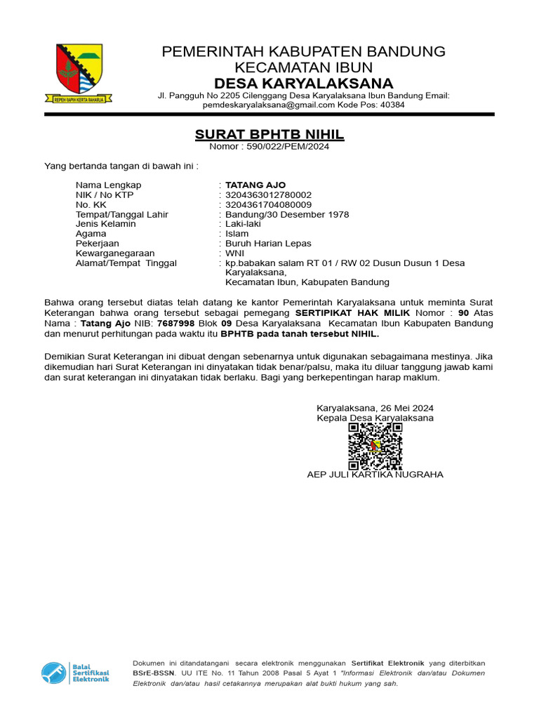 Surat BPHTB Nihil 3204363012780002 2024-05-26 22 | PDF