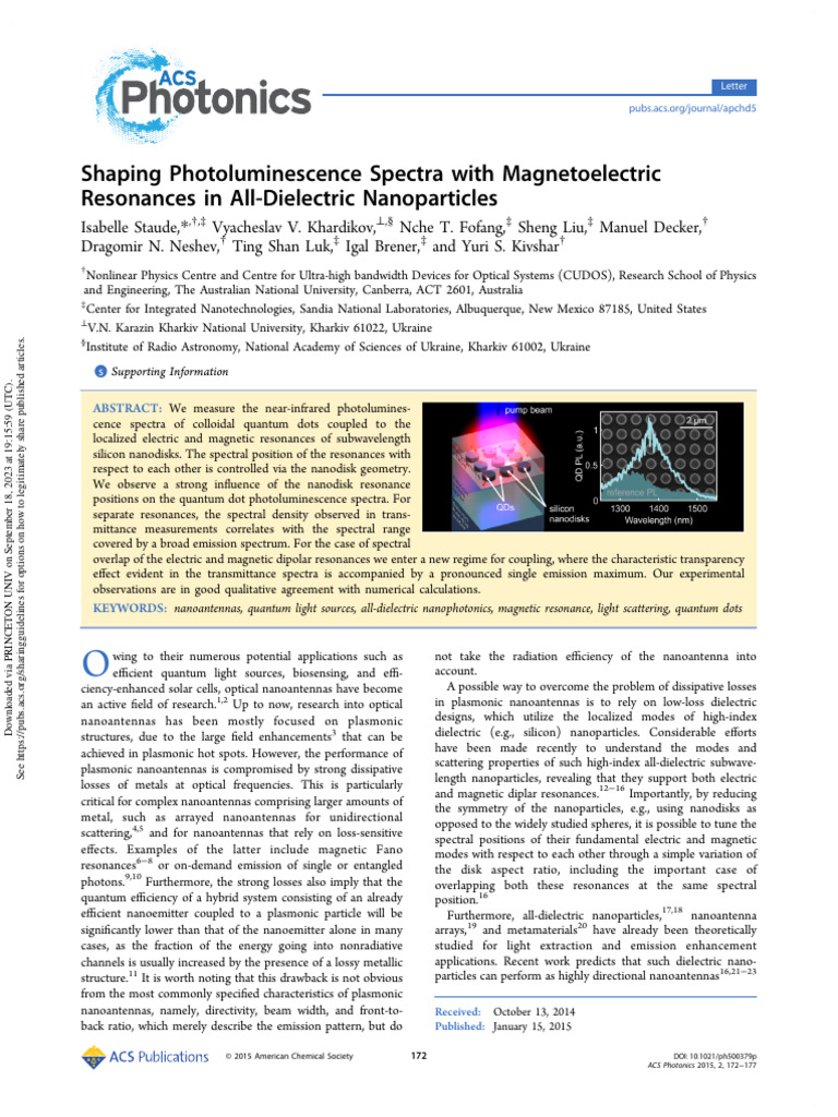 Shaping Photoluminescence Spectra With MagnetoelectricResonances in All-Dielectric Nanoparticles ...