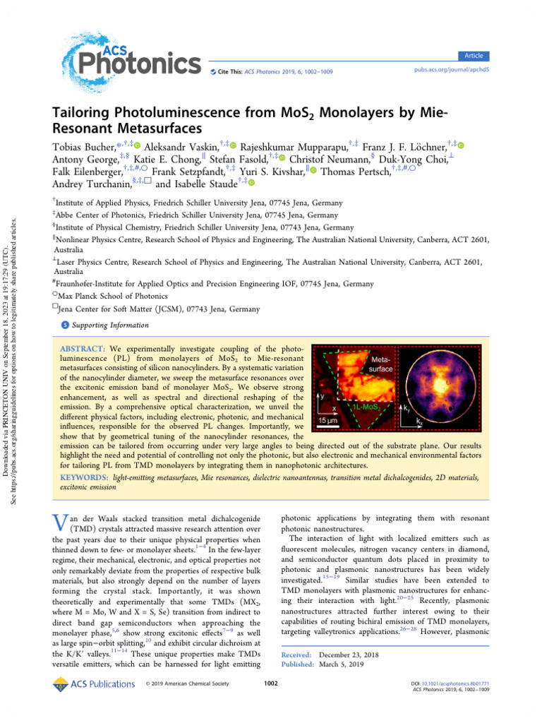 Photoluminescence Control in MoS2 | PDF | Emission Spectrum | Plasmon