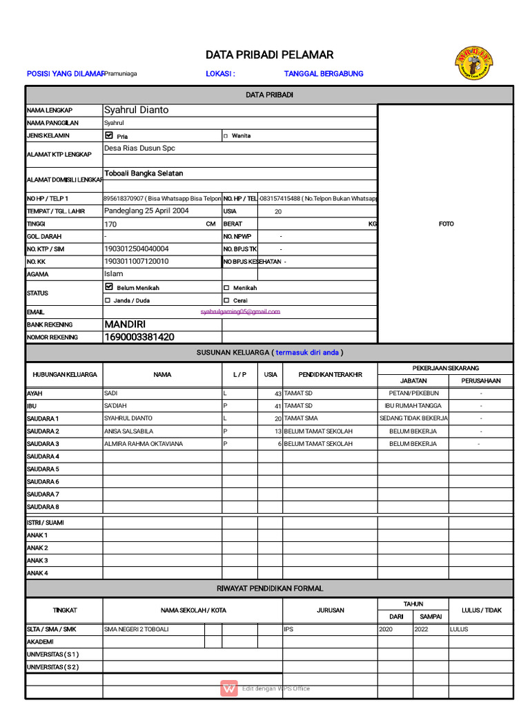 Form Data Pelamar 310723 | PDF