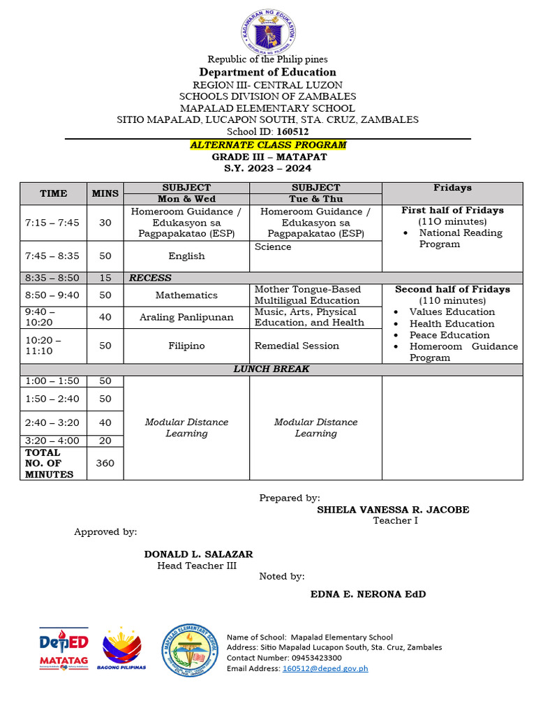Alternate-Class-Program (g3) | PDF | Schools | Educational Institutions