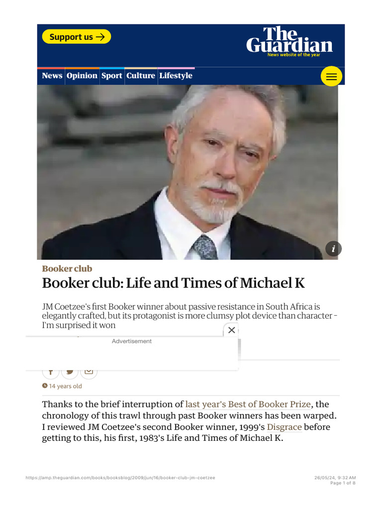 Booker Club - Life and Times of Michael K - Books - The Guardian | PDF ...