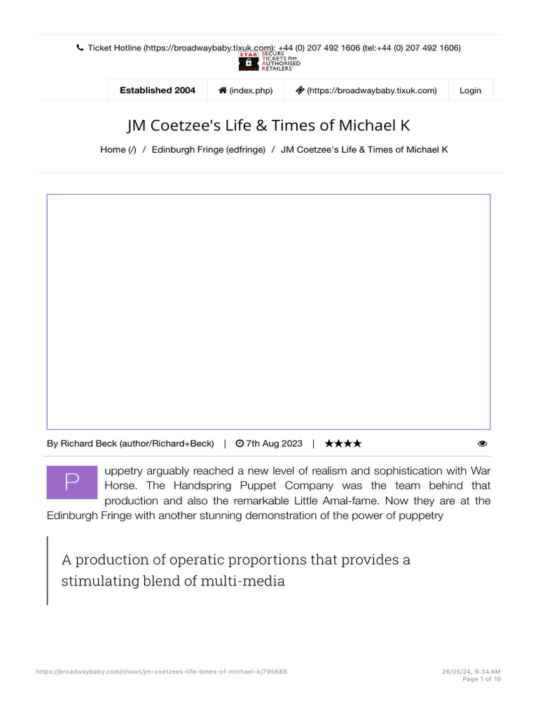 JM Coetzee's Life & Times of Michael K - 4 Star Review by Richard Beck | PDF | Theatre ...