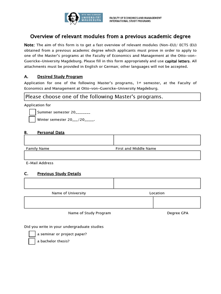 Otto Von Guericke Application Form | PDF | Course Credit | Academic Degree