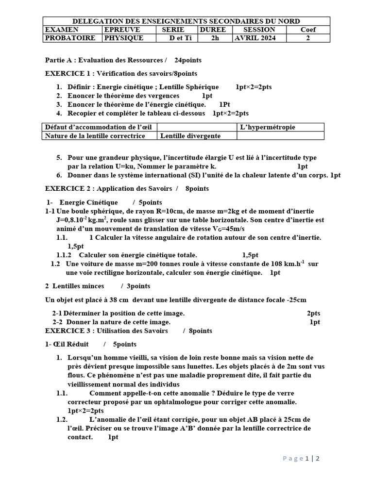 Examen de Physique - Probatoire 2024 | PDF | Énergie kinétique | Vitesse