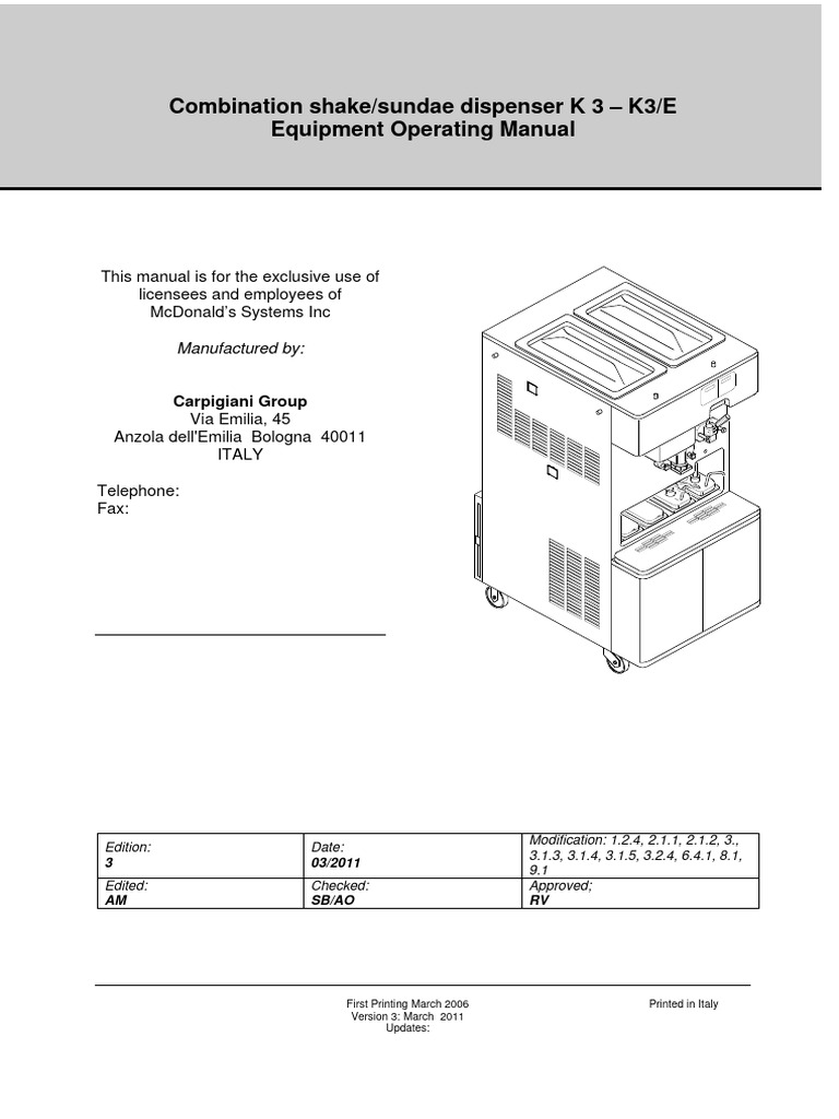 Carpigiani K3 Shake/Sundae Manual | PDF | Switch