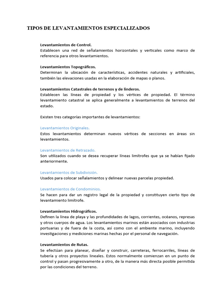 Tipos de Levantamientos Especializados | PDF | Topografía | Hidrografía