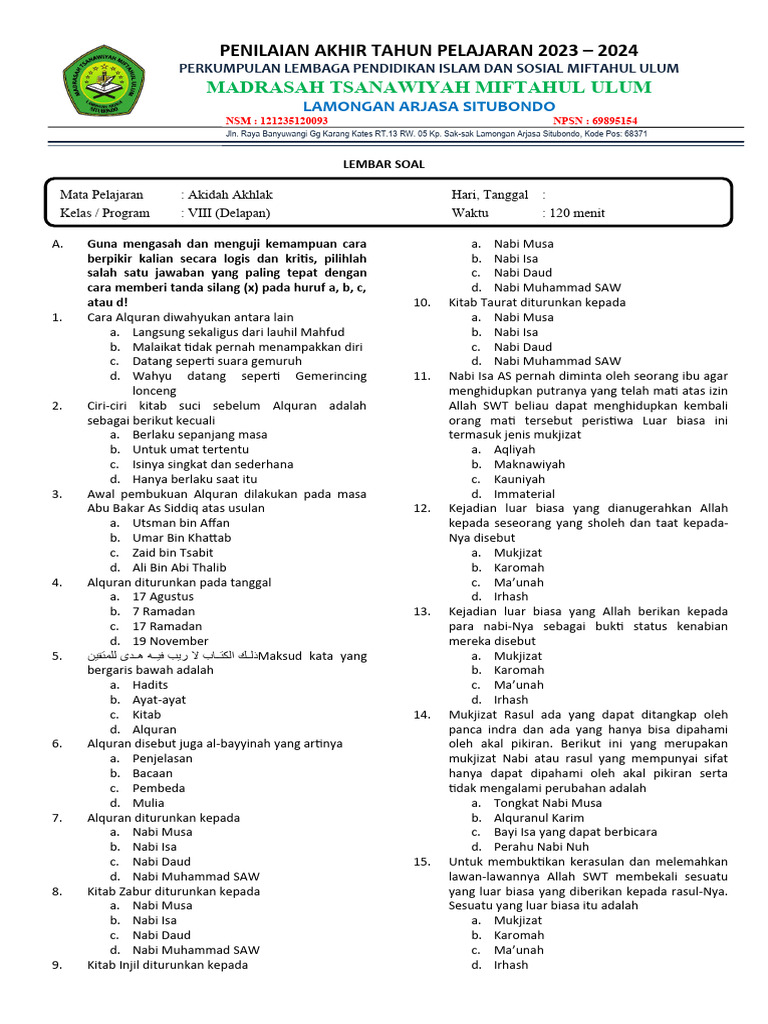 Soal Pas Akidah Akhlak Viii | PDF