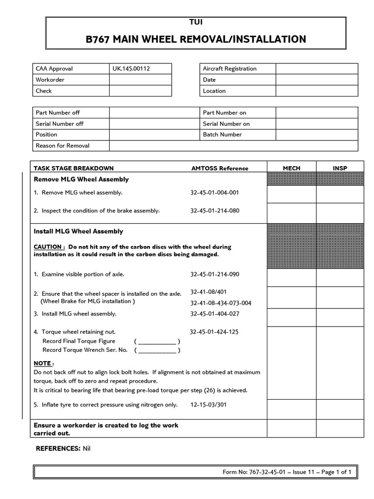 767-32-45-01 B767 MAIN WHEEL REMOVAL INSTALLATION Iss 11 | PDF