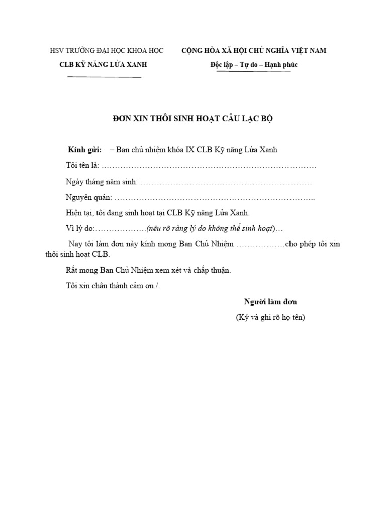 Đơn Xin Thôi Sinh Ho T CLB | PDF