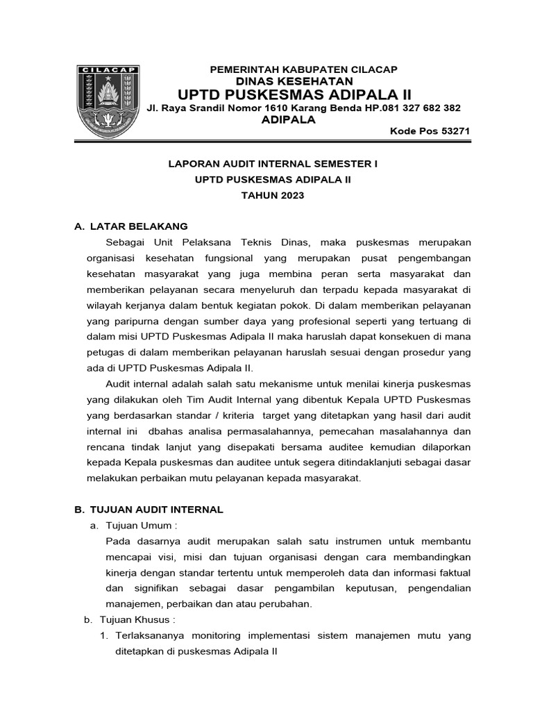 Laporan Hasil Audit Internal Semester 1 Tahun 2023 | PDF